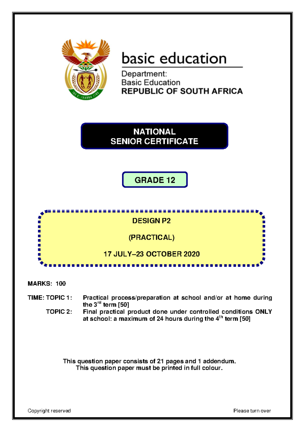 Design P2 Nov 2020 Eng - Lecture notes 1 - MARKS: 100 TIME: TOPIC 1 ...