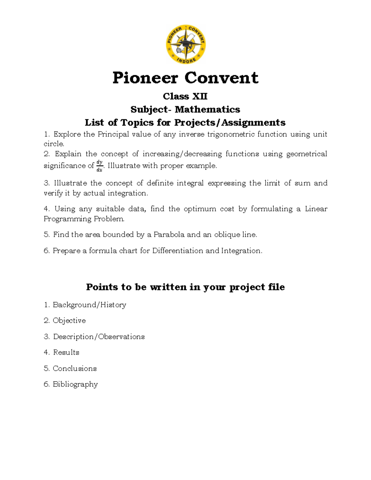 Pioneer Convent Class XII Math Project Topics for 2025-26 - Studocu