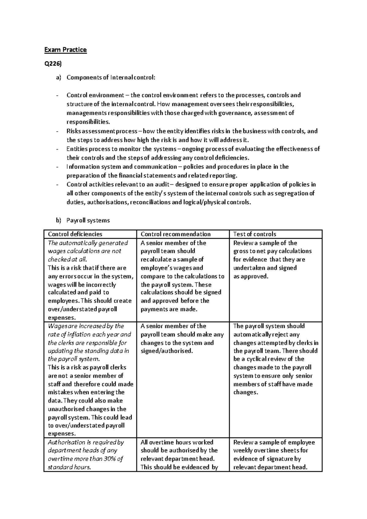 AA Revision - Exam Practice: Internal Controls & Audit Procedures - Studocu