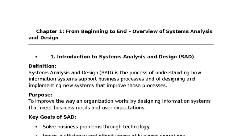 SAD 101: Chapter 1 Overview of Systems Analysis and Design Notes - Studocu