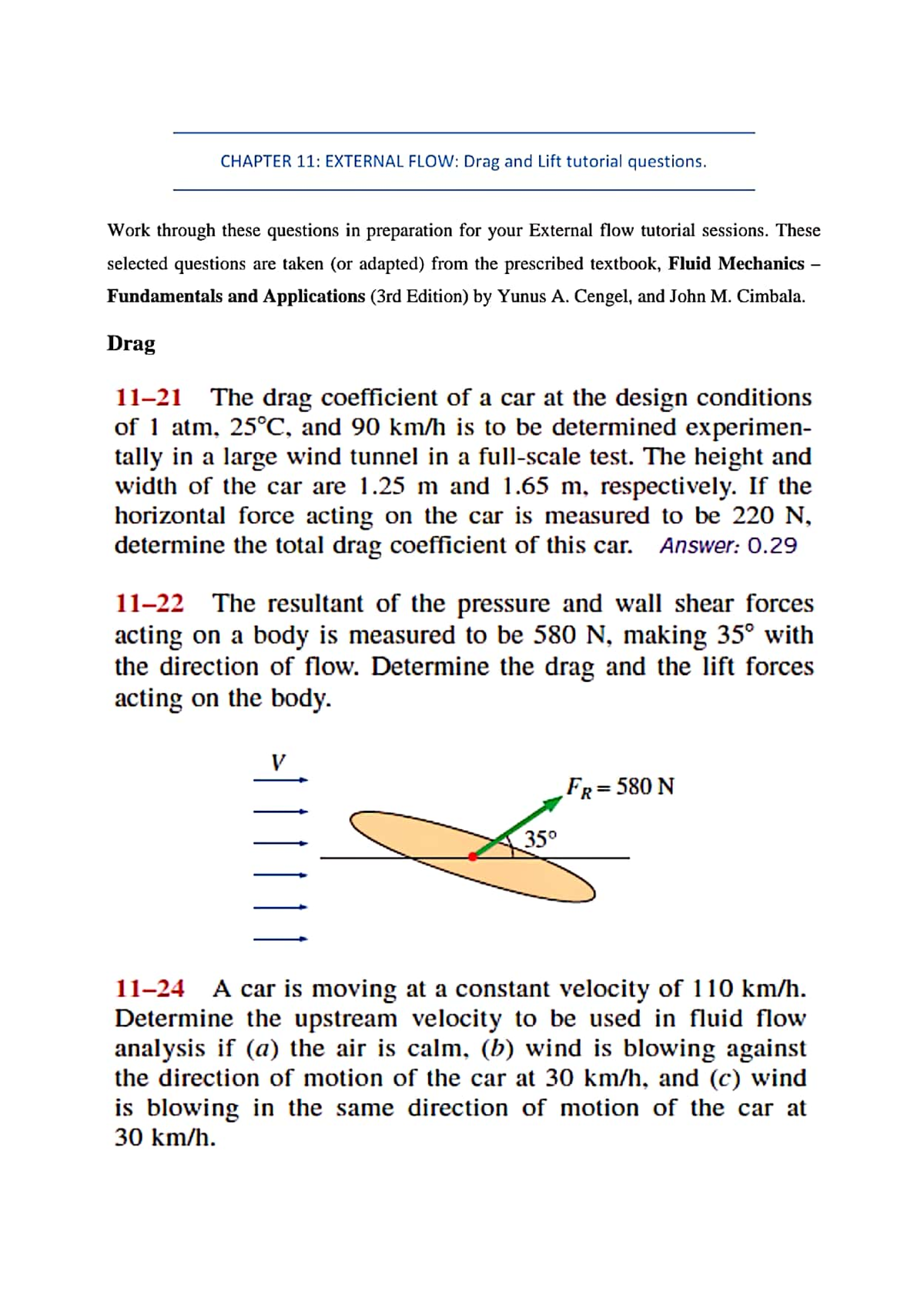 CH11: External Flow Tutorial Problems on Drag and Lift Analysis - Studocu