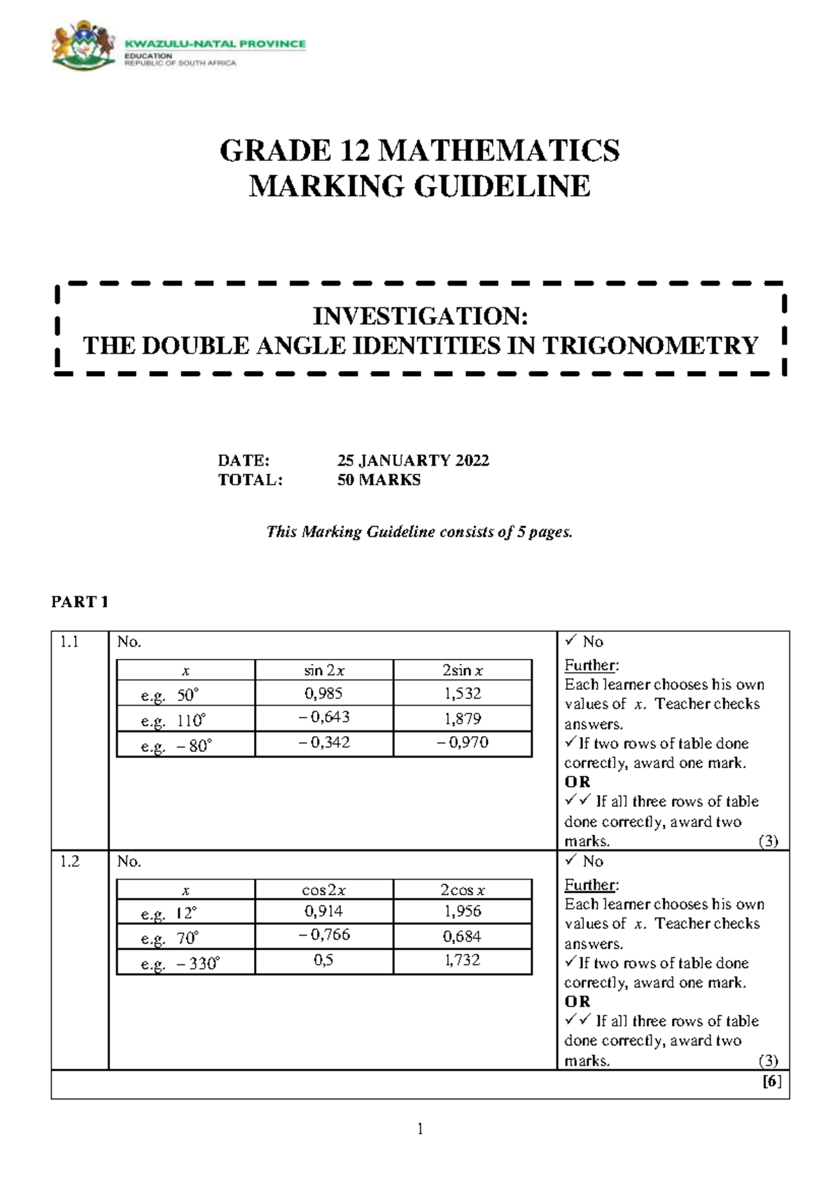 Grade 12 Math Investigation: Double Angle Identities - Memo 2022 - Studocu