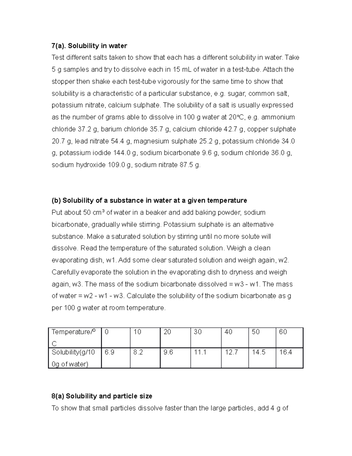 Chemistry notes first part-3 - 7(a). Solubility in water Test different ...