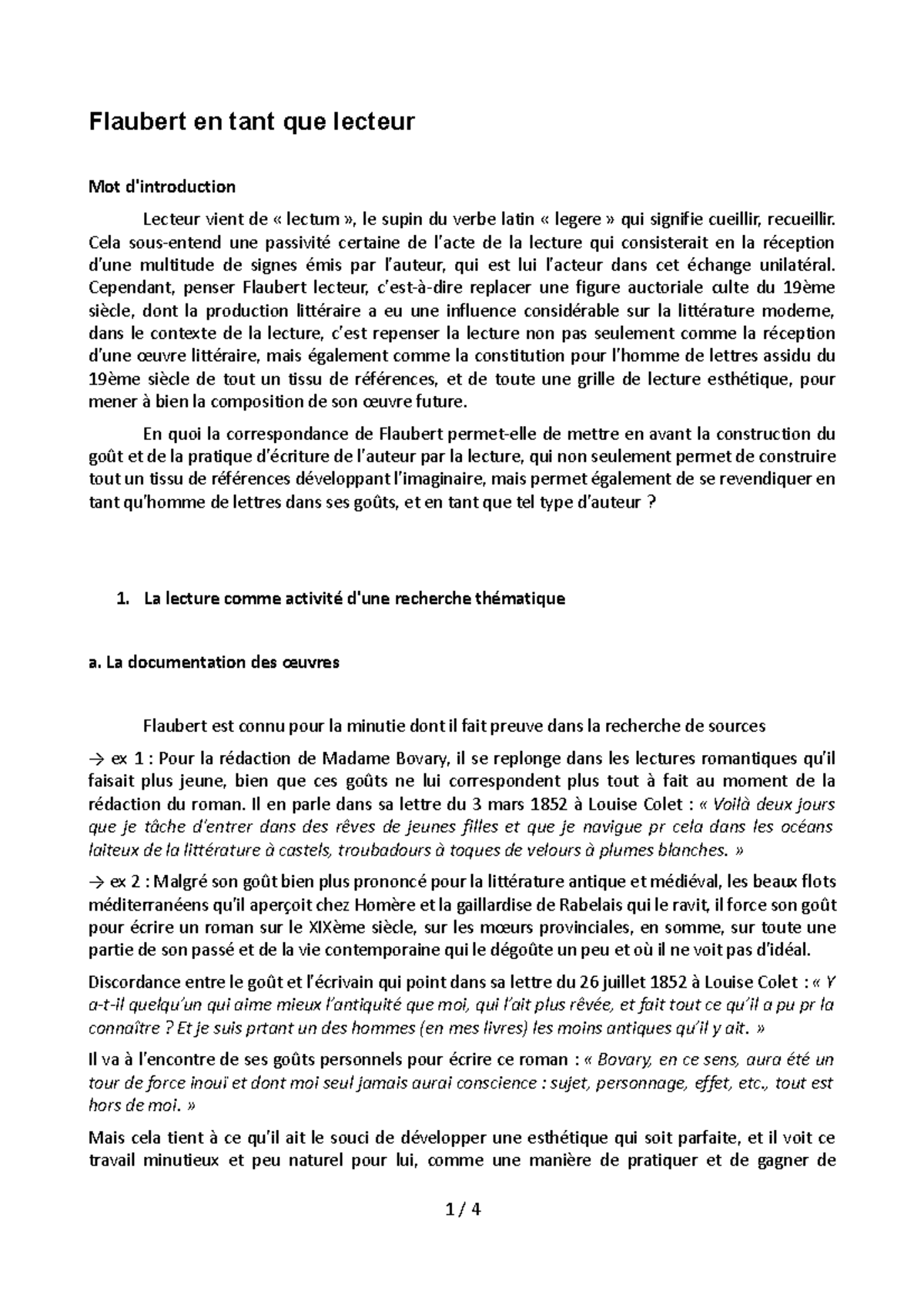 Littérature - Étude sur Flaubert en tant que lecteur et écrivain - Studocu