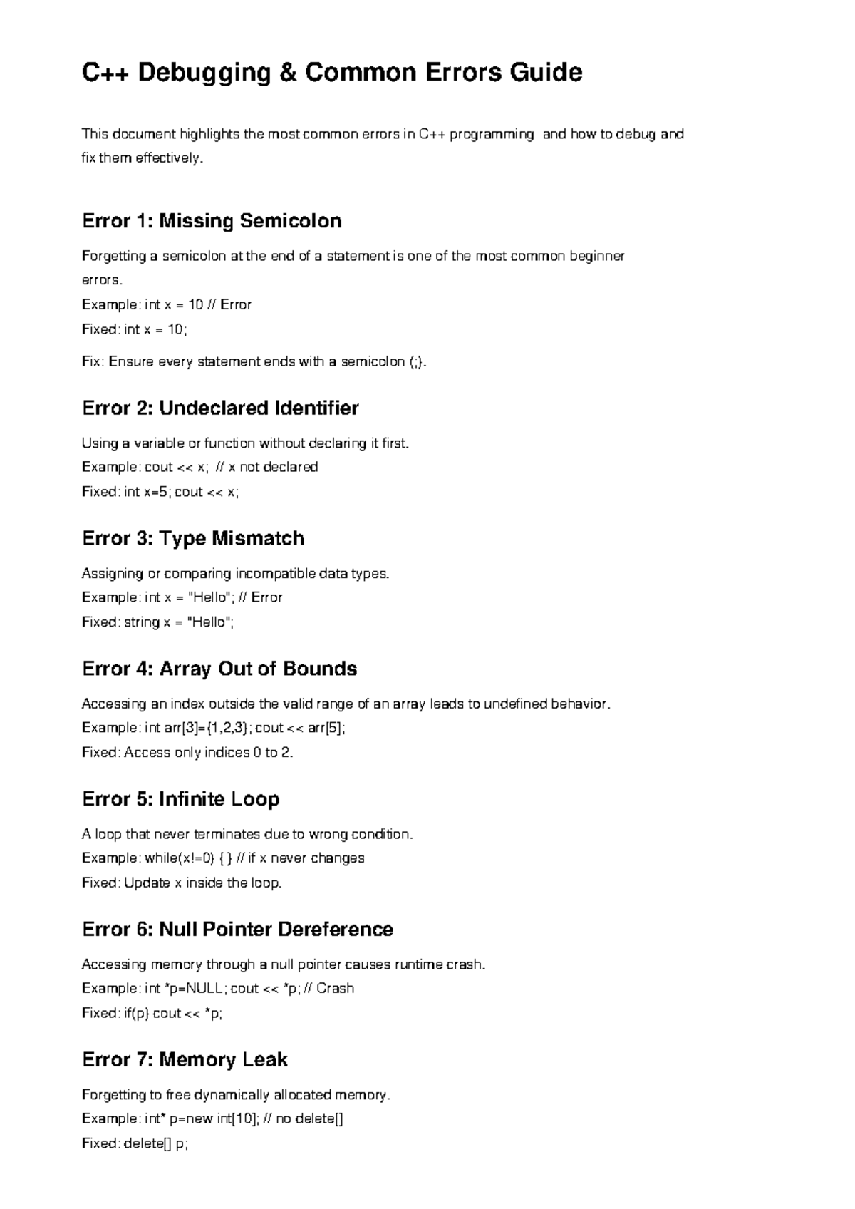 Debugging Common Errors in C++ Programming Guide - Studocu