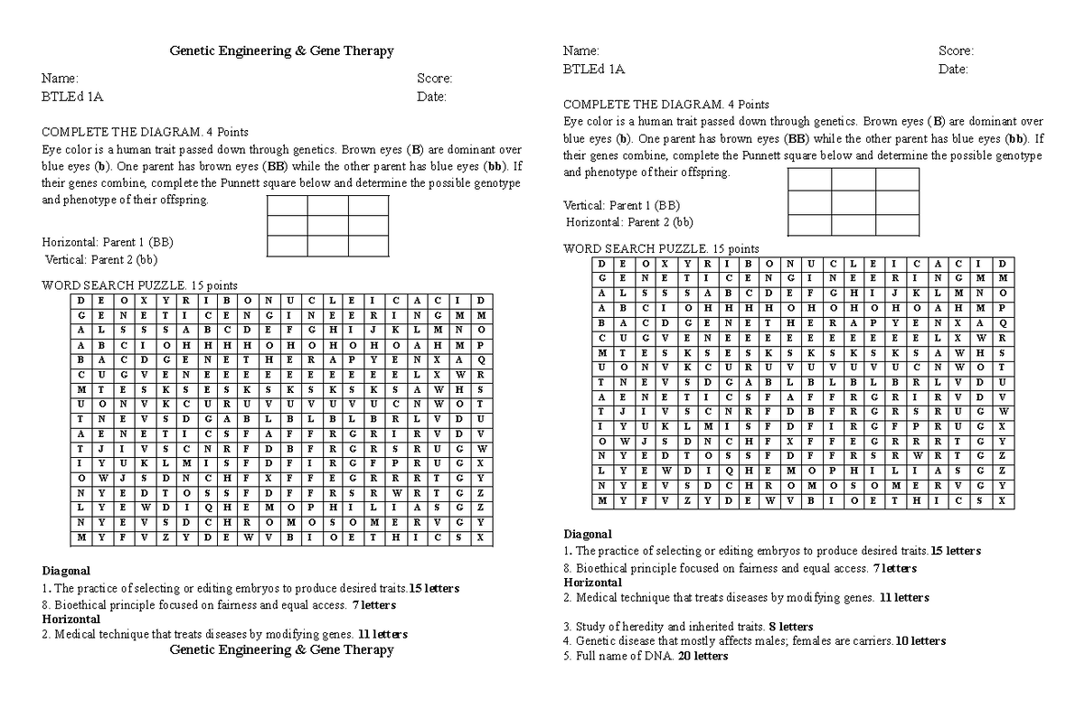 Genetic Engineering Quiz: Eye Color Genetics & Word Search - Studocu
