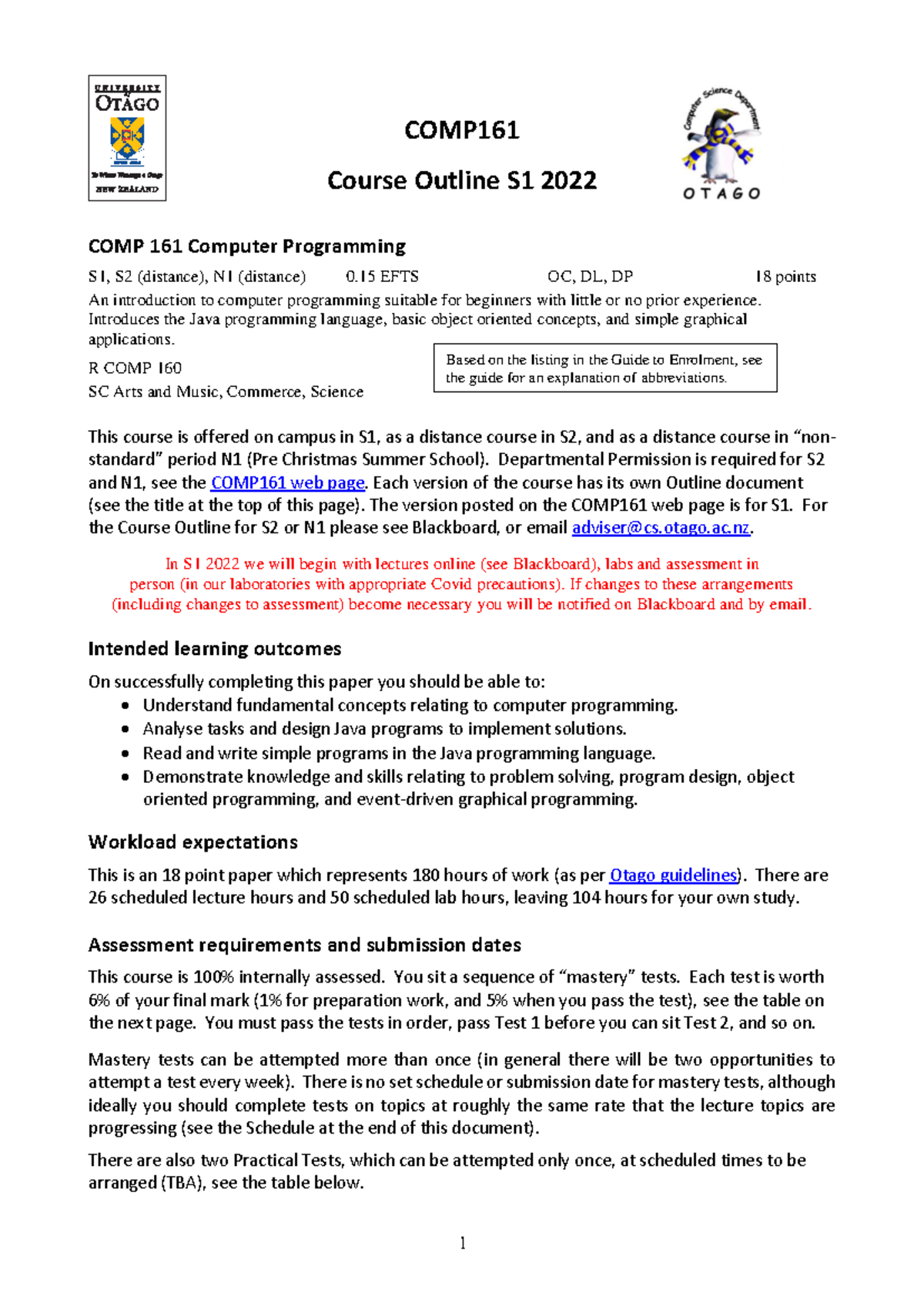 Outline COMP 161-S1 - COMP Course Outline S1 2022 COMP 161 Computer Programming S1, S2 (distance ...
