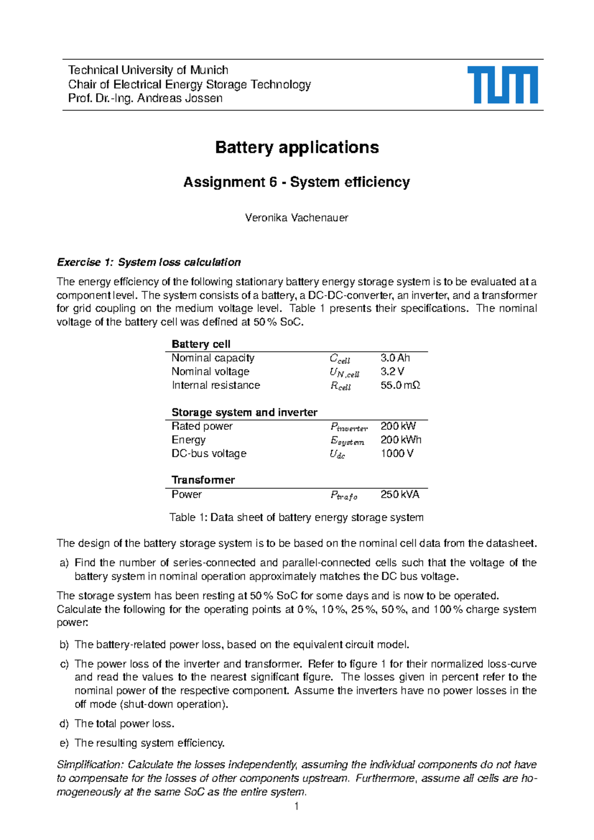 Battery Applications Assignment 6: System Efficiency Analysis - Studocu