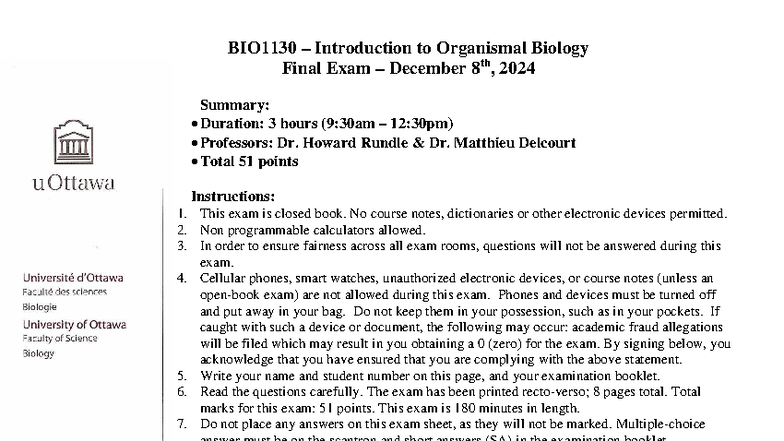 BIO1130 Introduction to Organismal Biology Final Exam Guidelines - Studocu