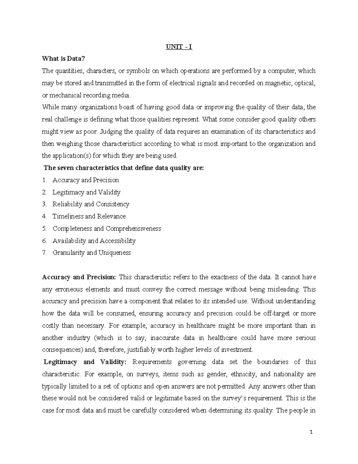 UNIT I - Understanding Data Quality and Big Data Analytics - Studocu
