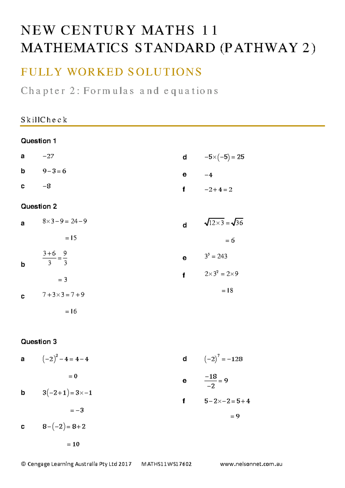 MATHS11 Chapter 2: Formulas & Equations Fully Worked Solutions - Studocu