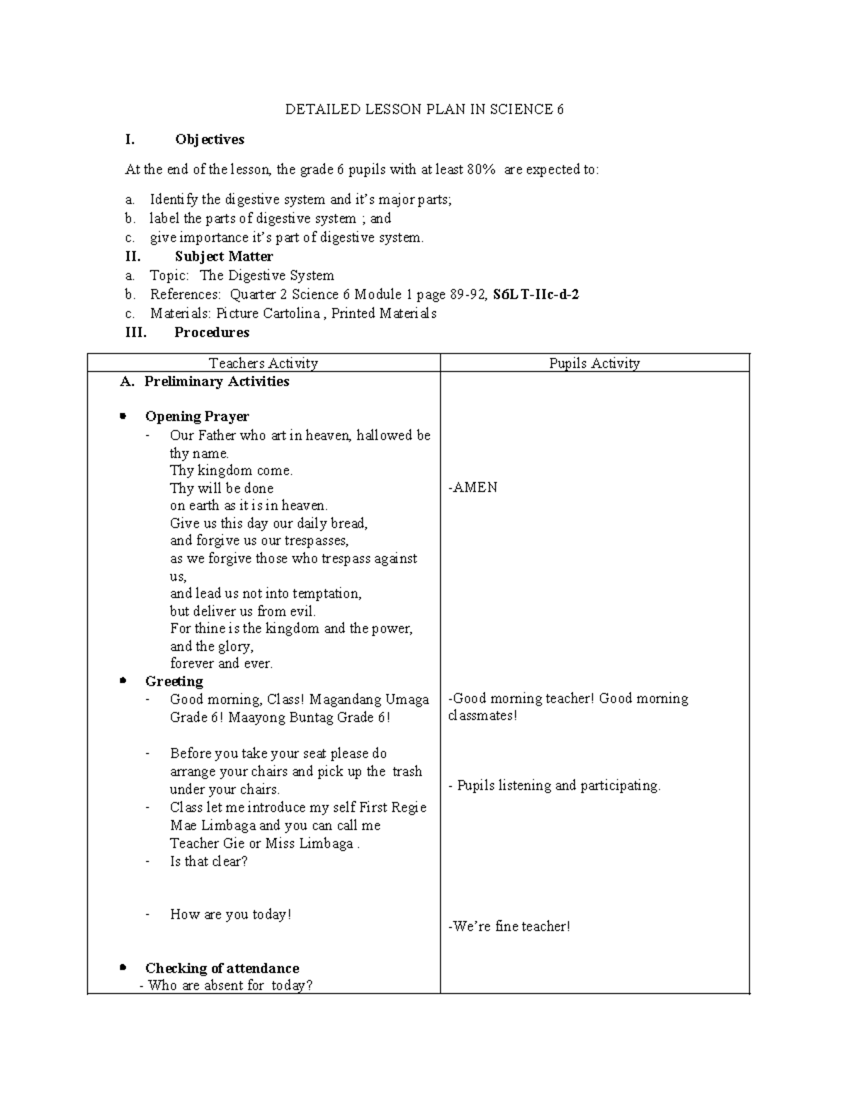 Detailed Lesson Plan: Understanding the Digestive System (Science 6 ...