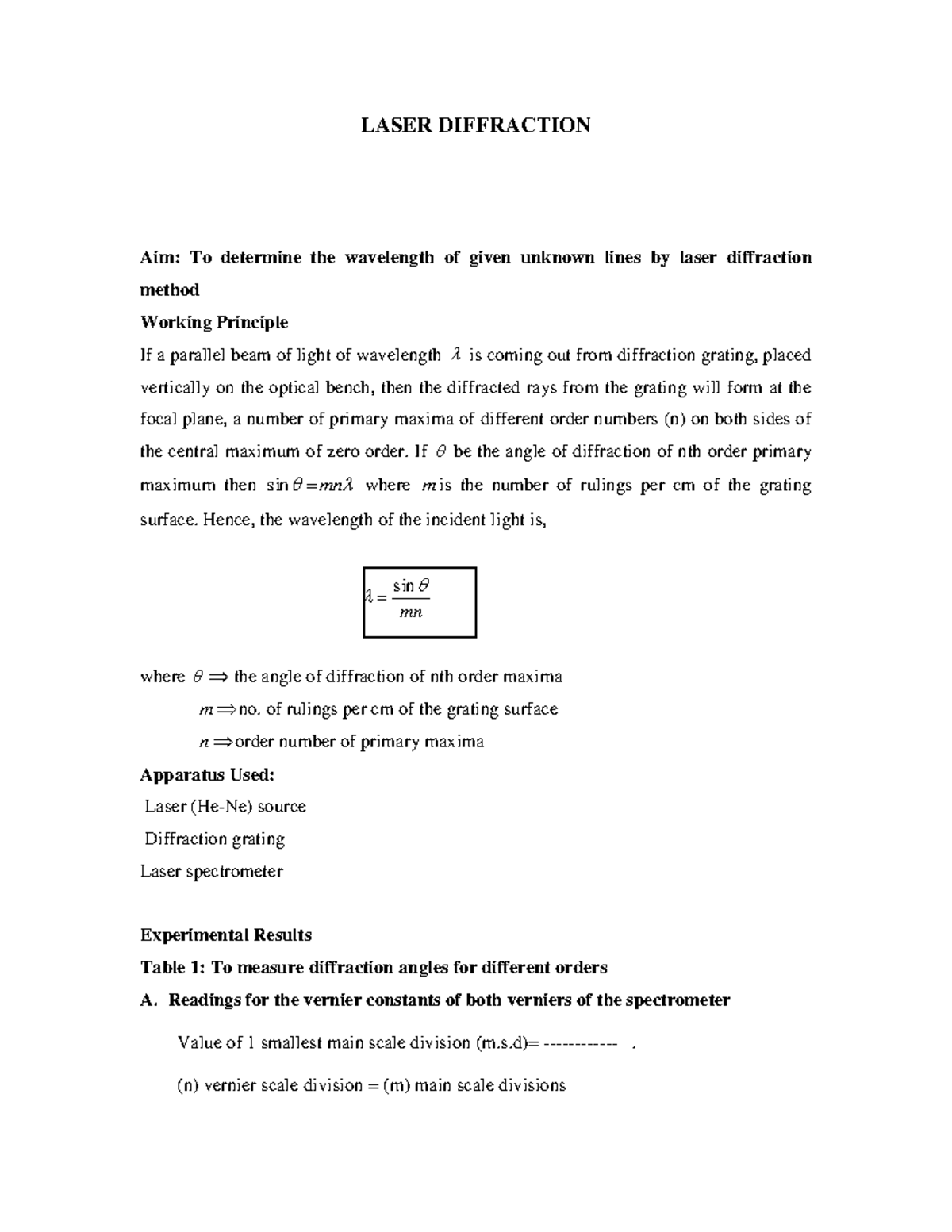 Laser Diffraction Experiment: Wavelength Determination (LASER 101 ...