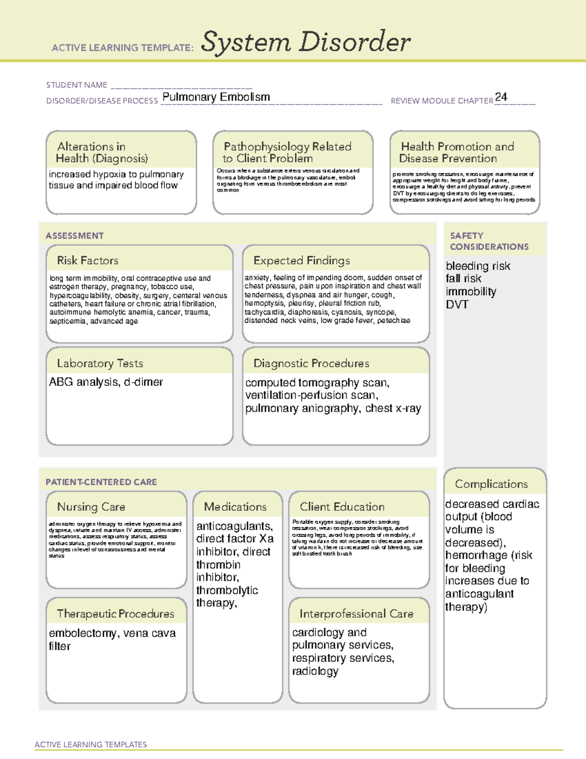 Pulmonary Embolism Systems Disorder Template - ACTIVE LEARNING ...