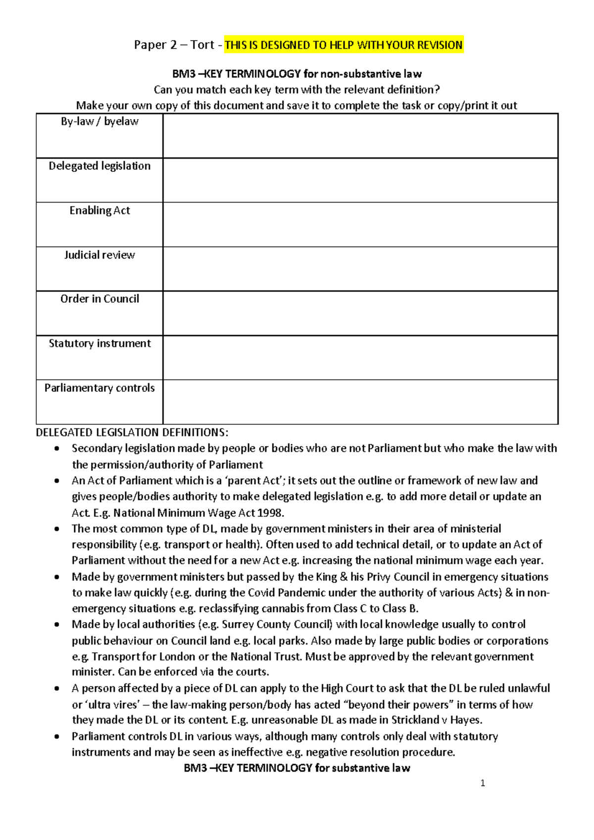 BM3 Paper 2 Tort: Key Terms & Definitions for Revision - Studocu