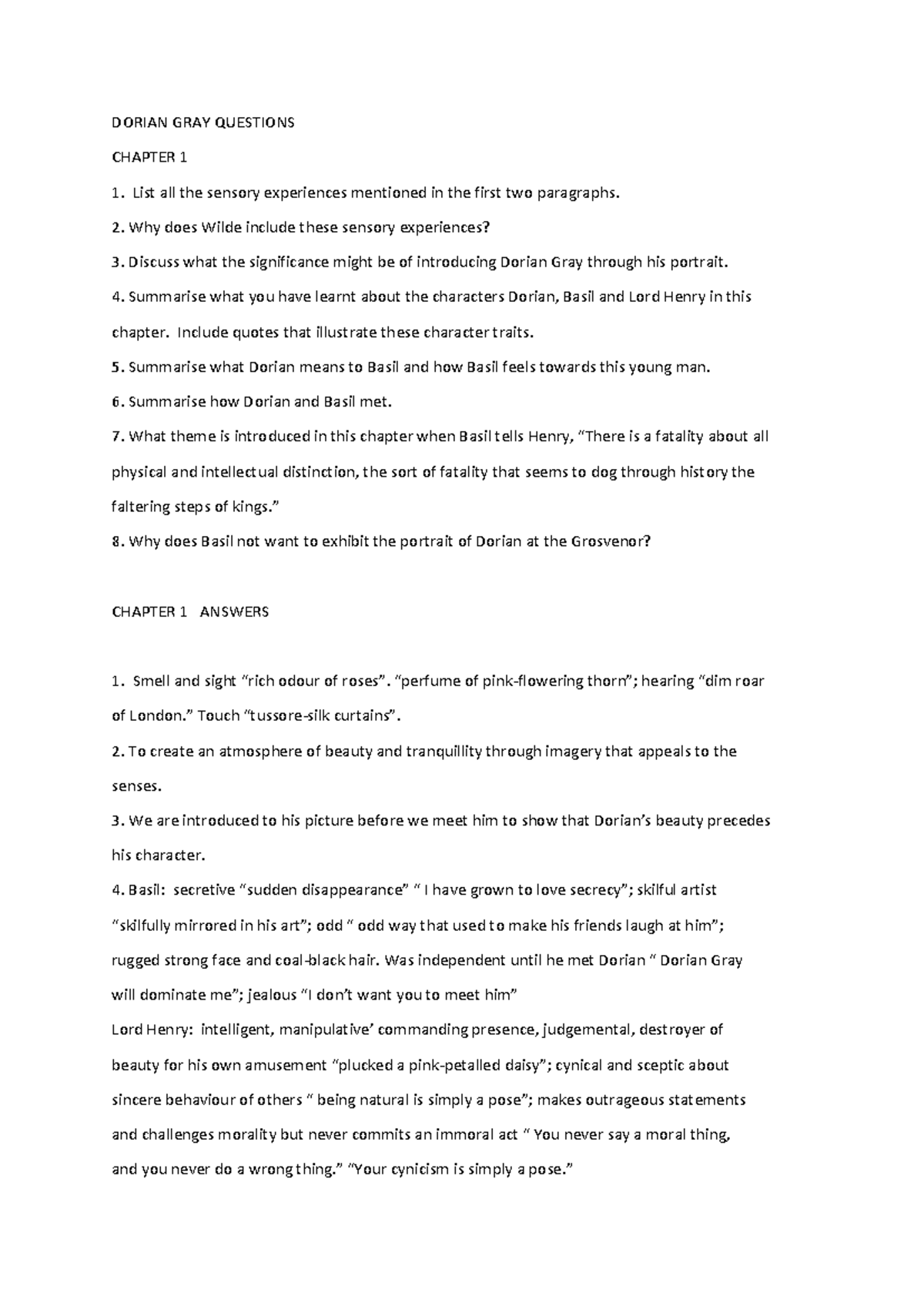 DORIAN GRAY CHAPTER 1 & 2 STUDY QUESTIONS AND ANSWERS - Studocu