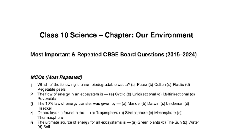 Class 10 Science Chapter: Our Environment Key Questions & MCQs - Studocu