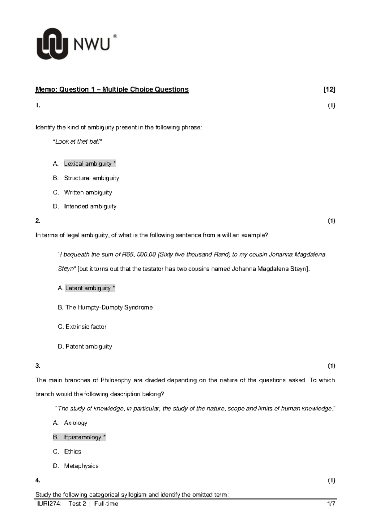 IURI 274 Test 1 Memo Analysis and Grading Insights 2019 - Studocu