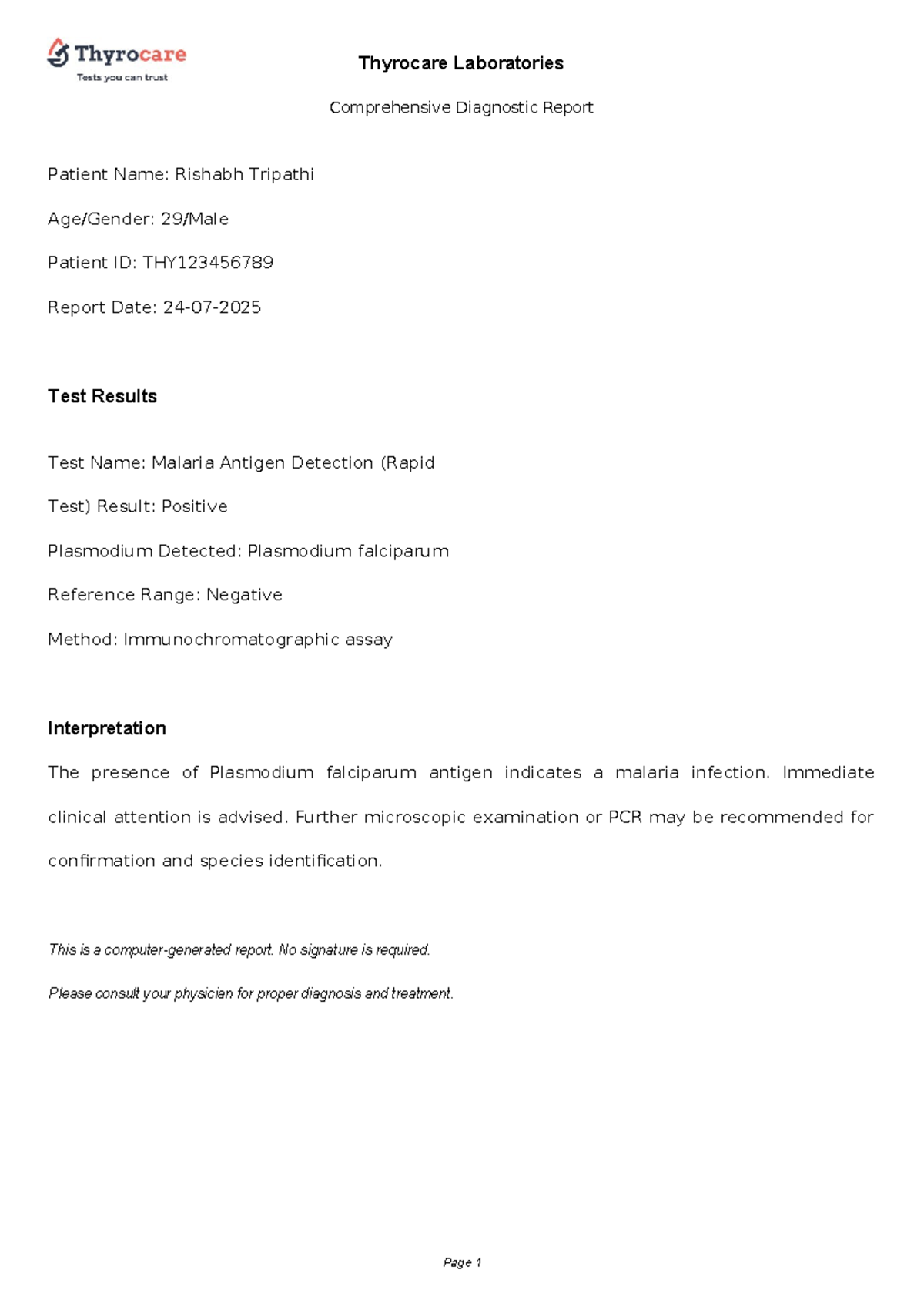 Malaria Report Thyrocare With Logo - Page 1 Thyrocare Laboratories ...