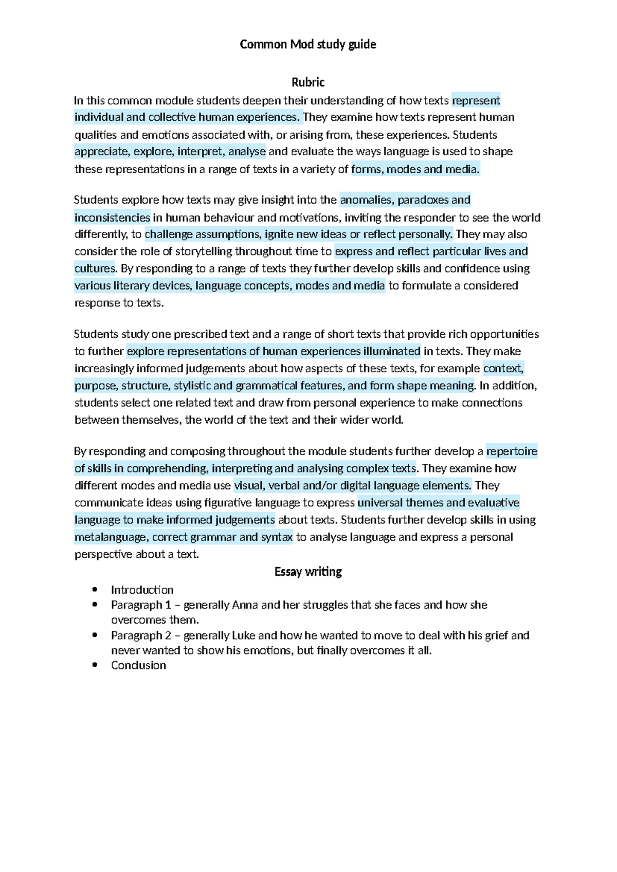 Common Module Study Guide: Exploring Human Experiences in Texts - Studocu