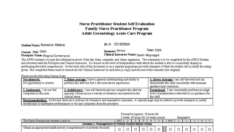 Nurse Practitioner Self-Evaluation NSG 5590 - Winter 2026 - Studocu