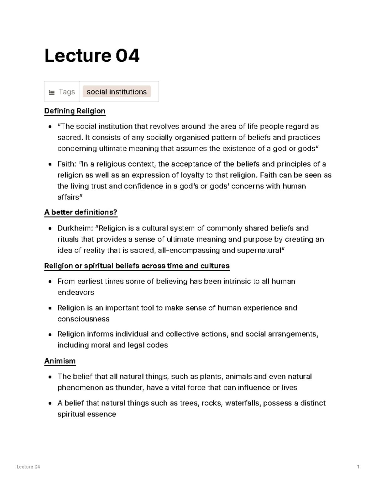 Lecture 04: Understanding Religion as a Social Institution - Studocu