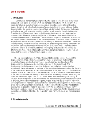 Density lab report - Chemistry Lab Report Experiment 1: Density ...