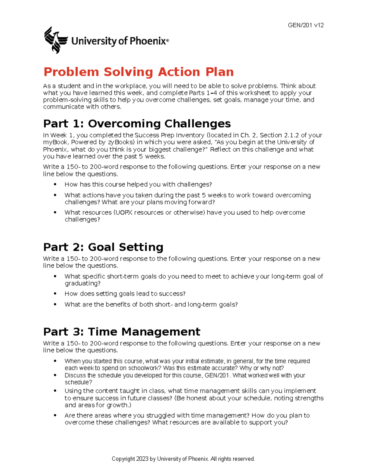 GEN/201 v - Week 5 Summative Assessment: Problem Solving Action Plan - Studocu