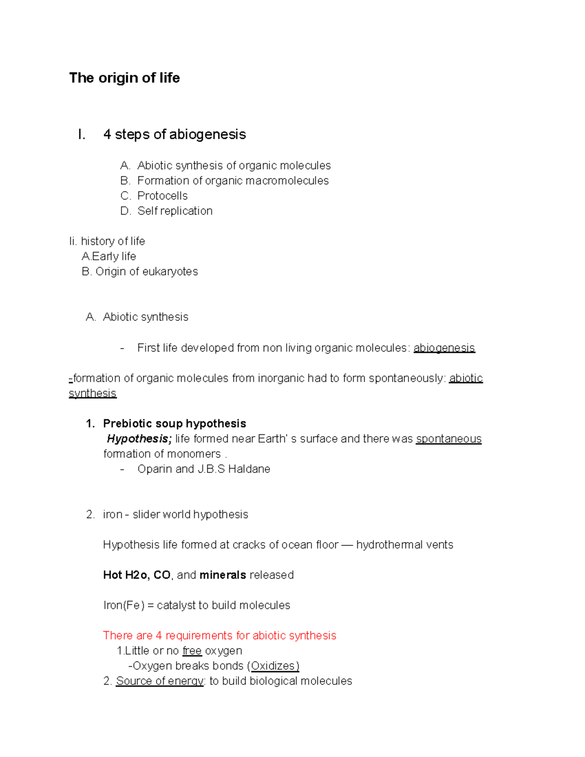 Biology Lecture Notes on Abiogenesis and Early Life (Bio 101) - Studocu