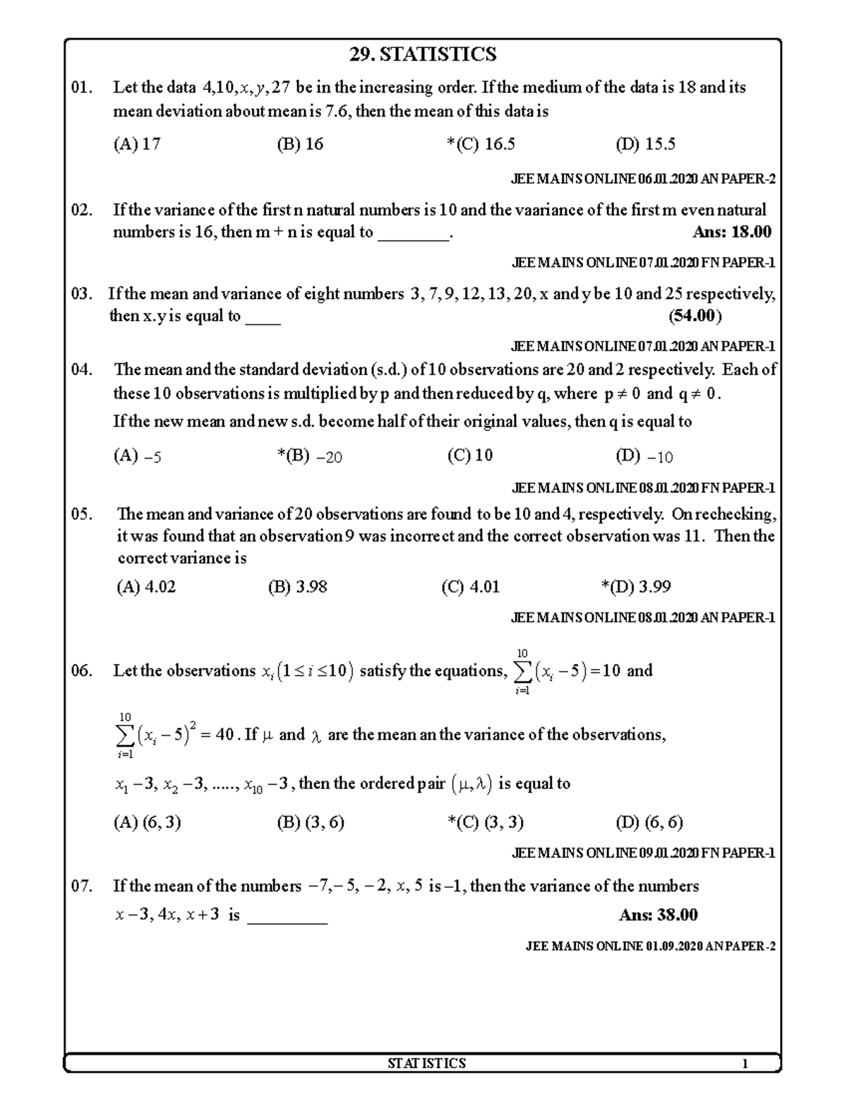 JEE MAINS STATISTICS ASSESSMENT QUESTIONS 2020-2023 - Studocu