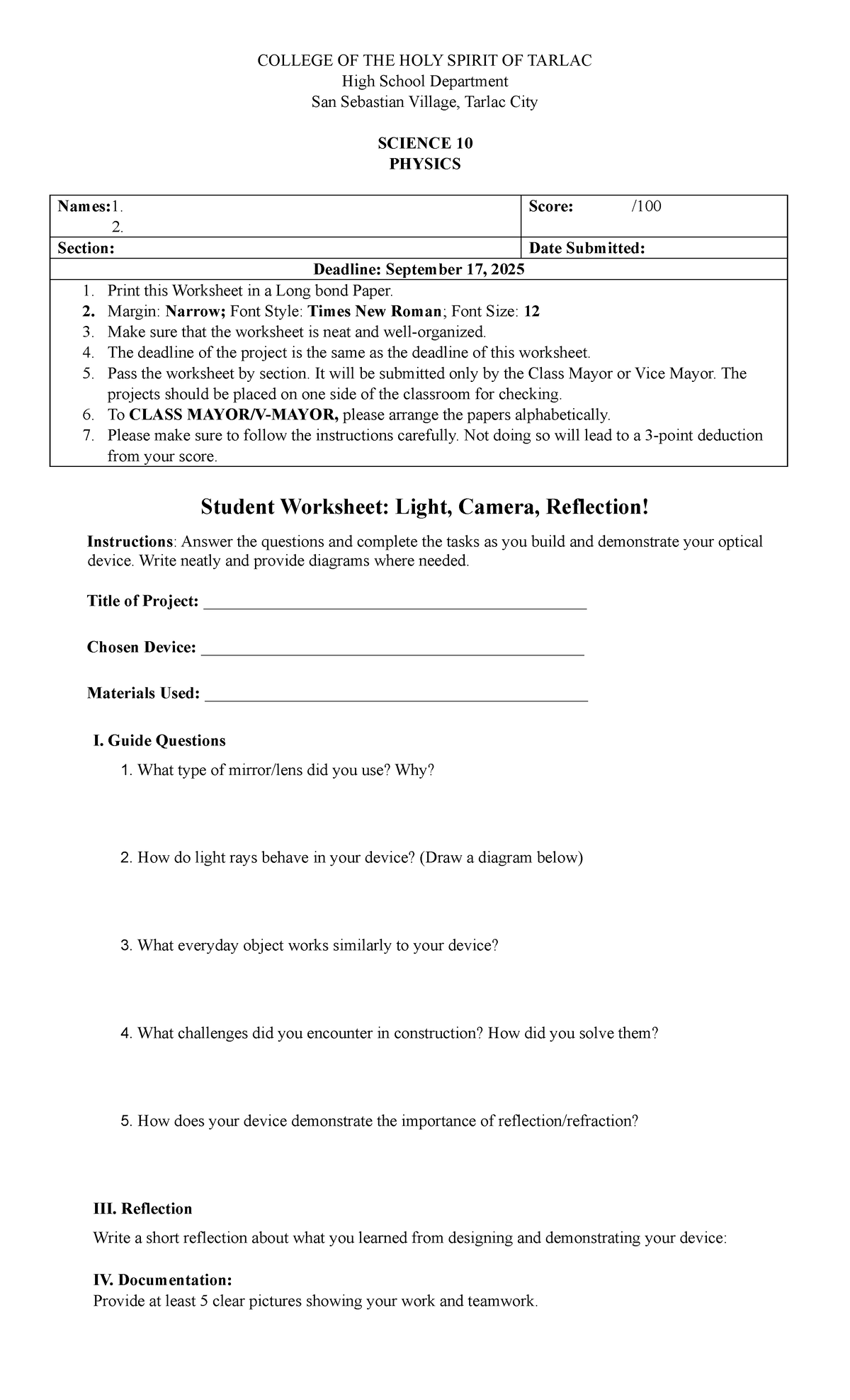 SCI 10 Physics: Mirrors and Lenses Project Worksheet - Studocu