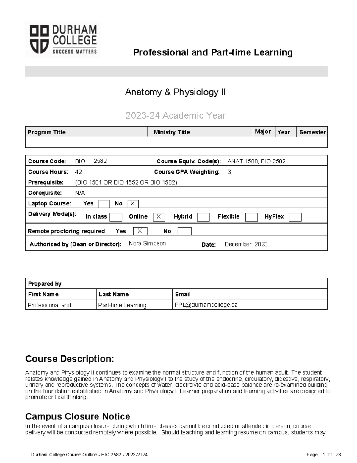 Anatomy & Physiology II Course Outline for BIO 2582 (2023-24) - Studocu