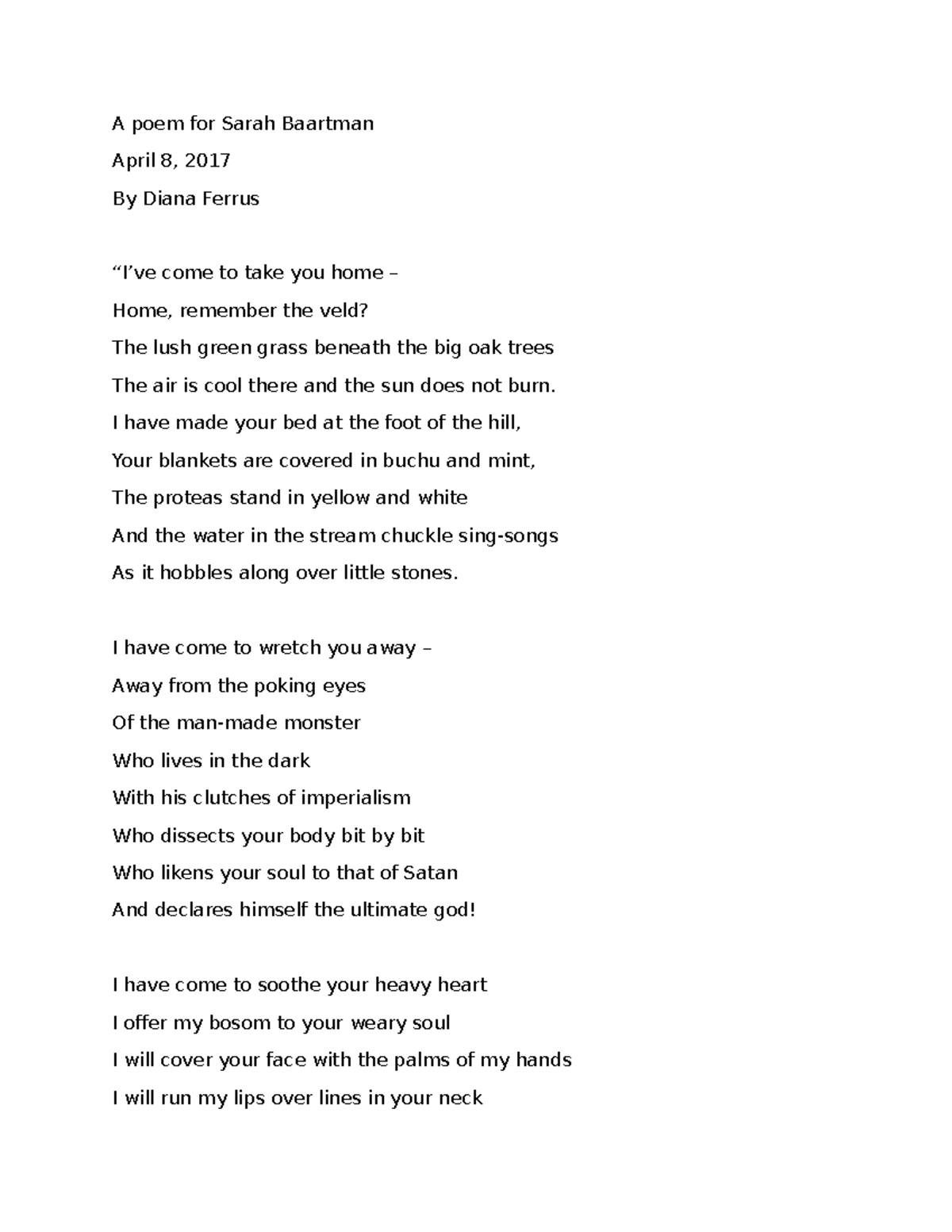 A Poem for Sarah Baartman: A Tribute by Diana Ferrus - Studocu