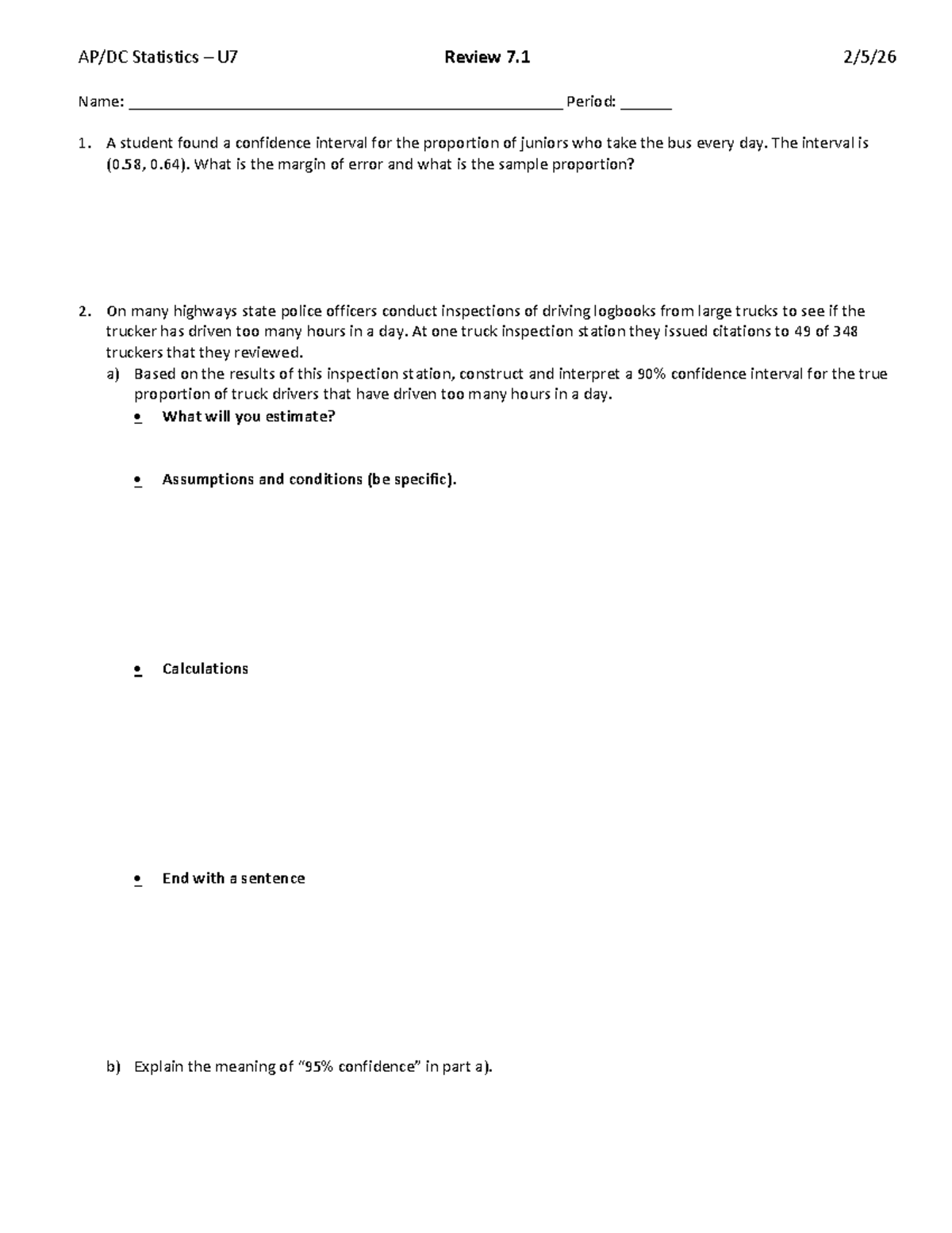 Statistics U7 Review: Confidence Intervals & Proportions - Studocu