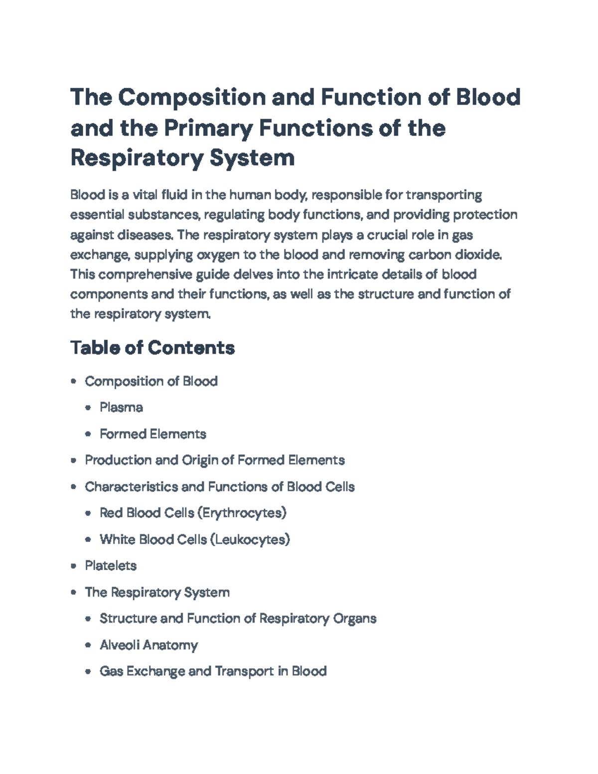 Composition and Functions of Blood and the Respiratory System - The ...