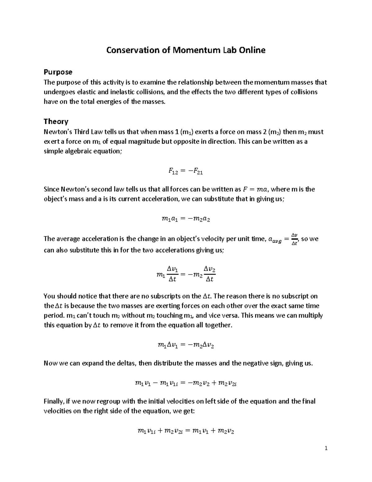 Fall 2023 Lab Report: Exploring Conservation of Momentum Dynamics - Studocu