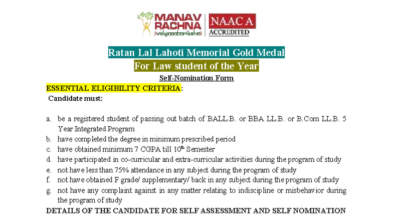 Gold Medal Nomination Form for Law Students (BALLB/BBA LLB) - Studocu