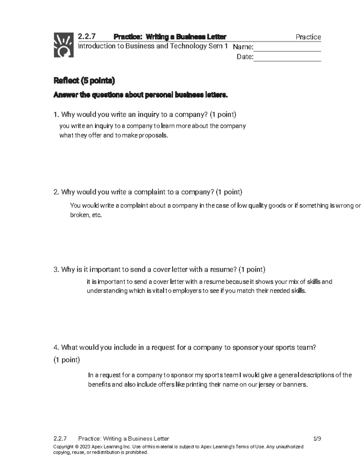 2.2.7 Practice - Business Letter Writing Techniques and Analysis - Studocu