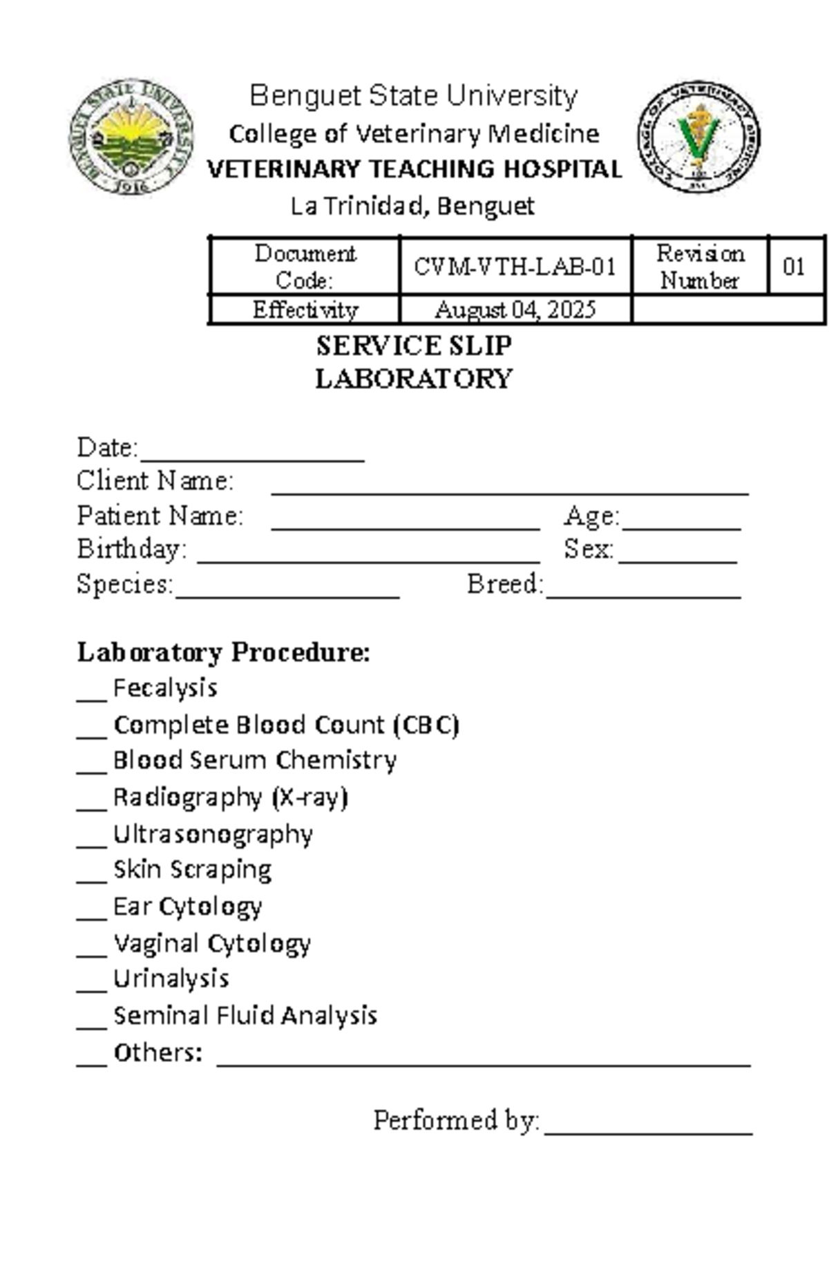 VET 101: Laboratory Service Slip for Veterinary Teaching Hospital - Studocu