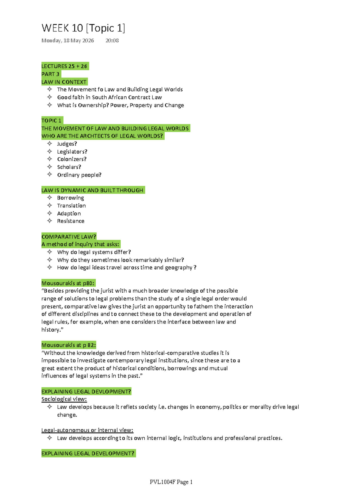 PVL1004F Week 10 Lecture Notes: Law in Context and Legal Worlds - Studocu
