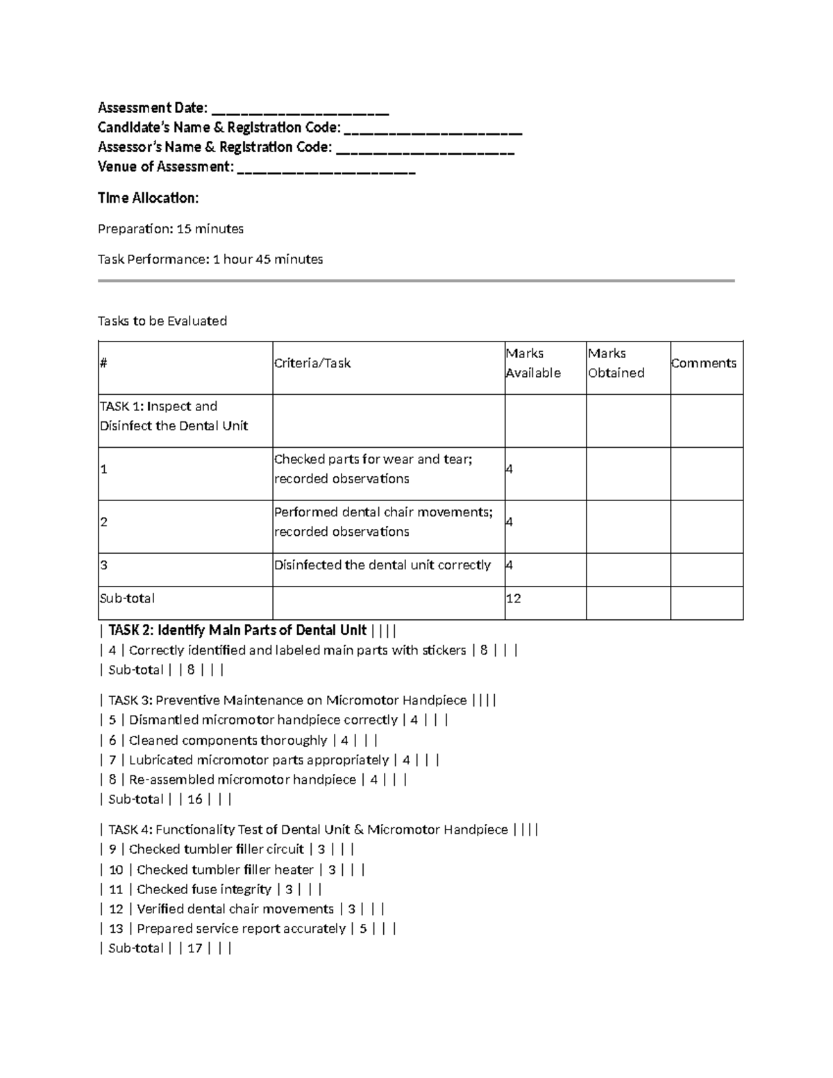 September Practicals Checklist: Dental Unit & Equipment Assessment ...
