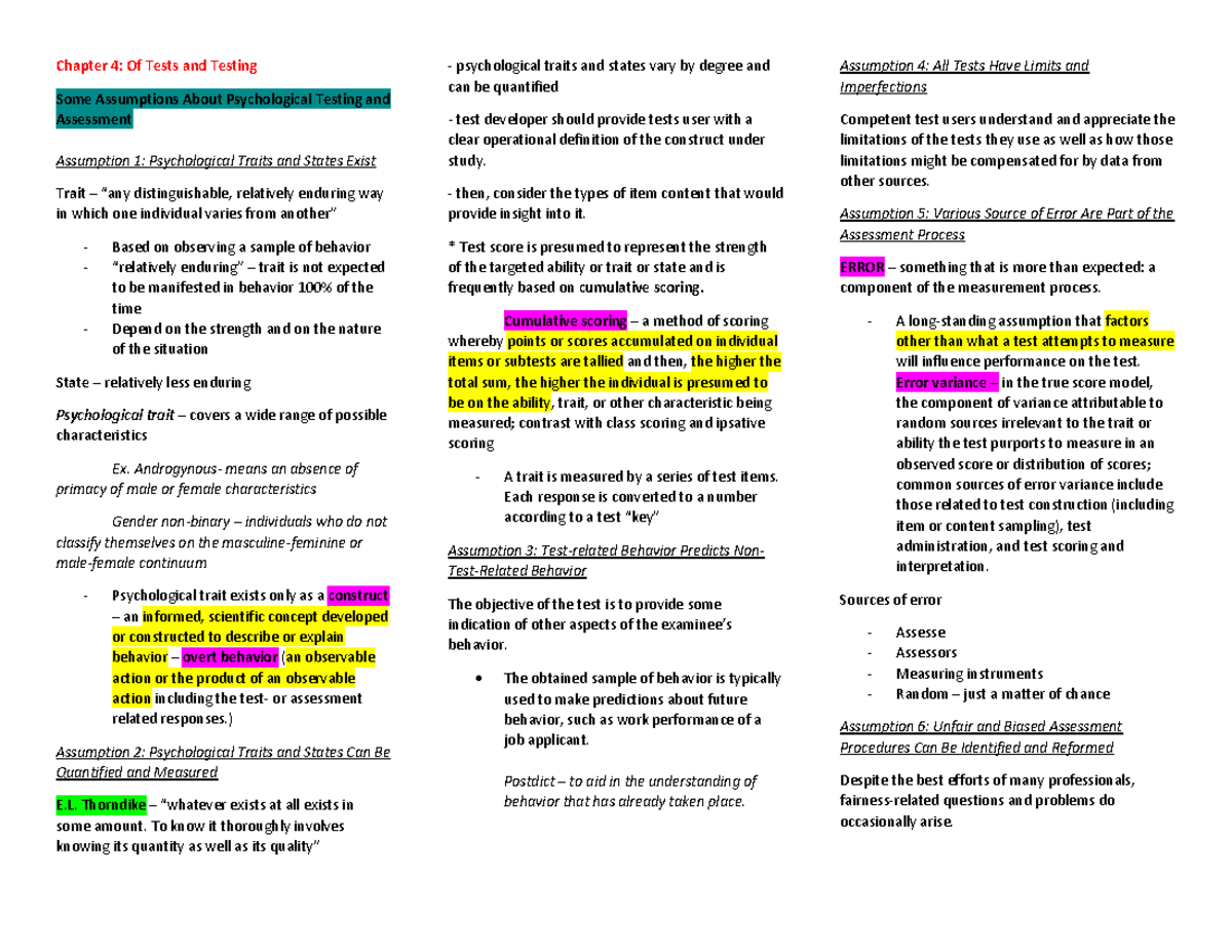 Chapter 4 Summary: Psychological Testing & Assessment Insights - Studocu