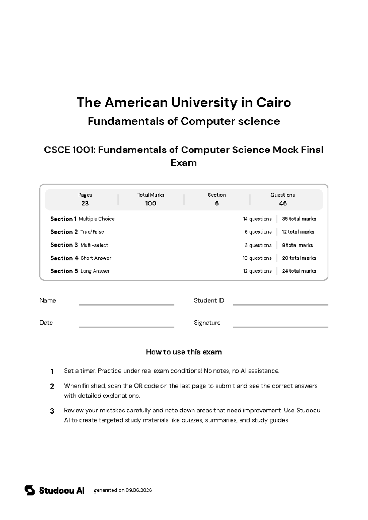 CSCE 1001: Mock Final Exam in Computer Science - Studocu