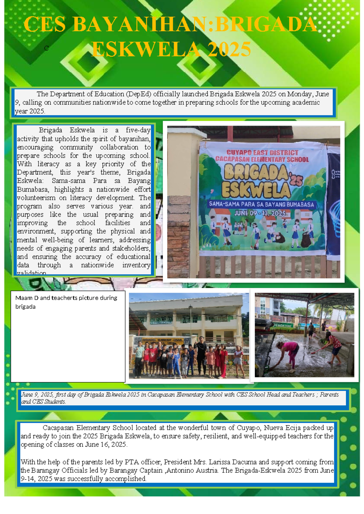 CES 2025: Brigada Eskwela Preparation and Community Involvement - Studocu