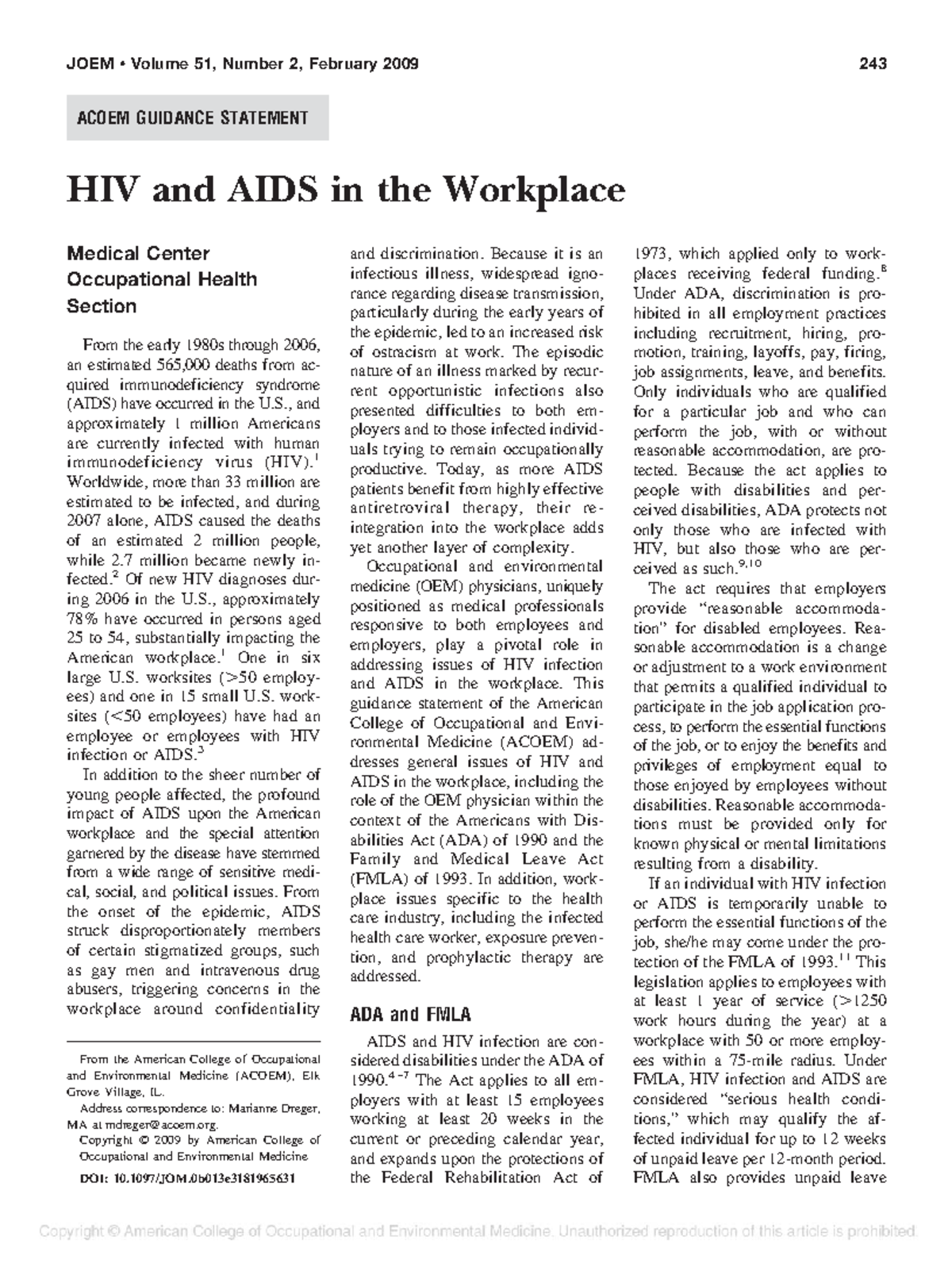 ACOEM Guidance Statement: HIV and AIDS in the Workplace - Studocu