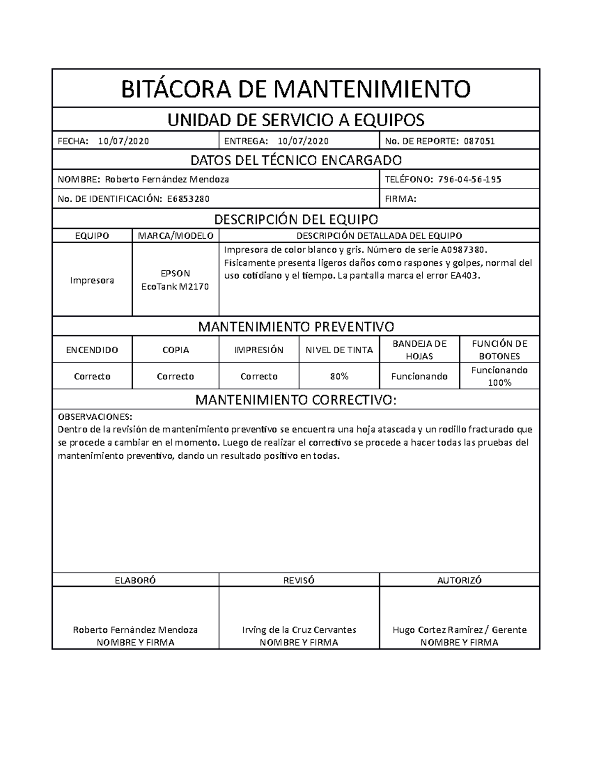 Bitácora de Mantenimiento de Impresora Epson EcoTank M - Reporte 087051 ...