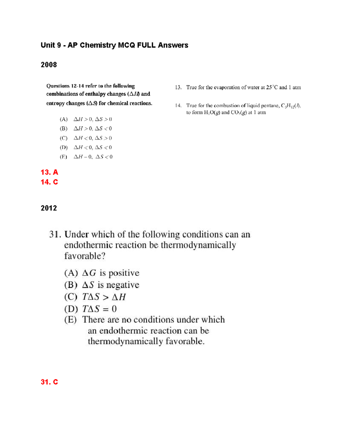 AP Chemistry Unit 9 MCQ Answers and Explanations - Studocu