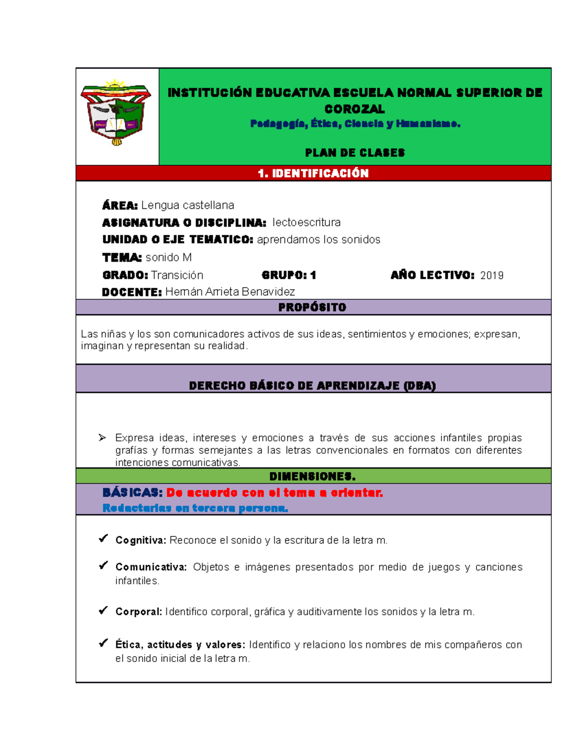 Plan de Clases para el grado transición: el sonido de la M, diseñado para el área de lengua ...