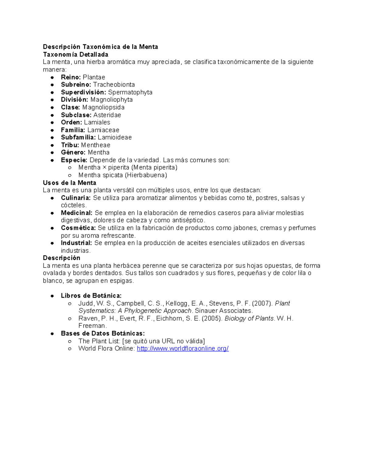 Descripción Taxonómica y Usos de la Menta en Botánica - Studocu