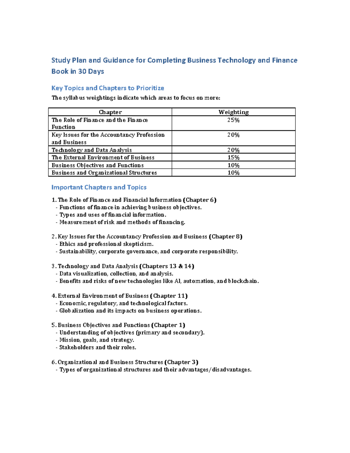 Business Finance Study Plan: Key Topics and 30-Day Schedule - Studocu